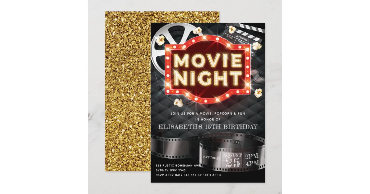 Movie Night Luxury Gold Glitter Invitation | Zazzle