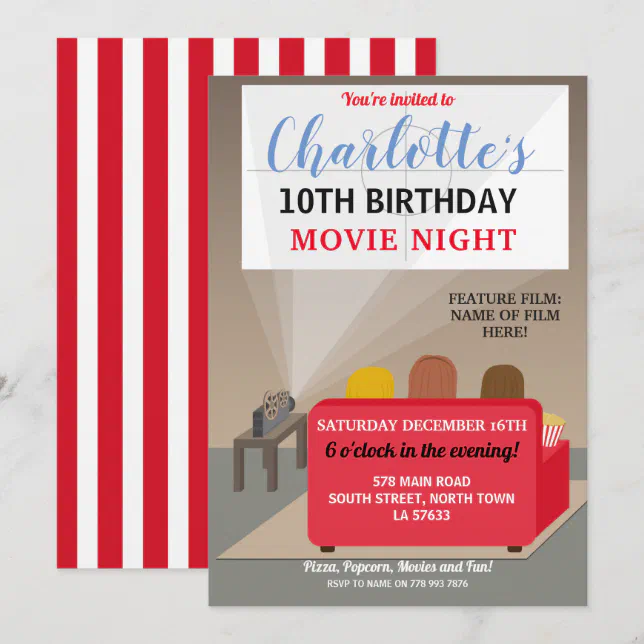 Movie Night Party Kids Film Movies Cinema Birthday Invitation | Zazzle