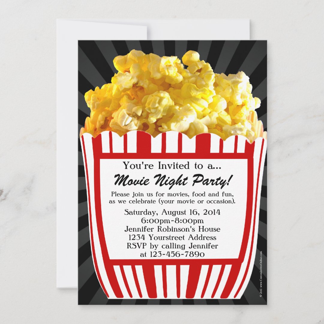 Movie Night Popcorn Custom Party Invitations | Zazzle