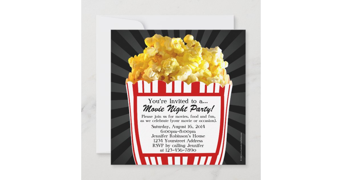 Movie Night Popcorn Custom Party Invitations, Sq. Invitation | Zazzle