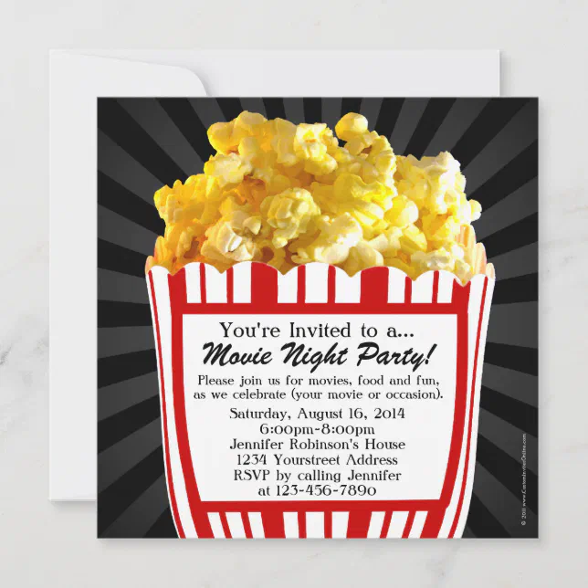 Movie Night Popcorn Custom Party Invitations, Sq. Invitation | Zazzle
