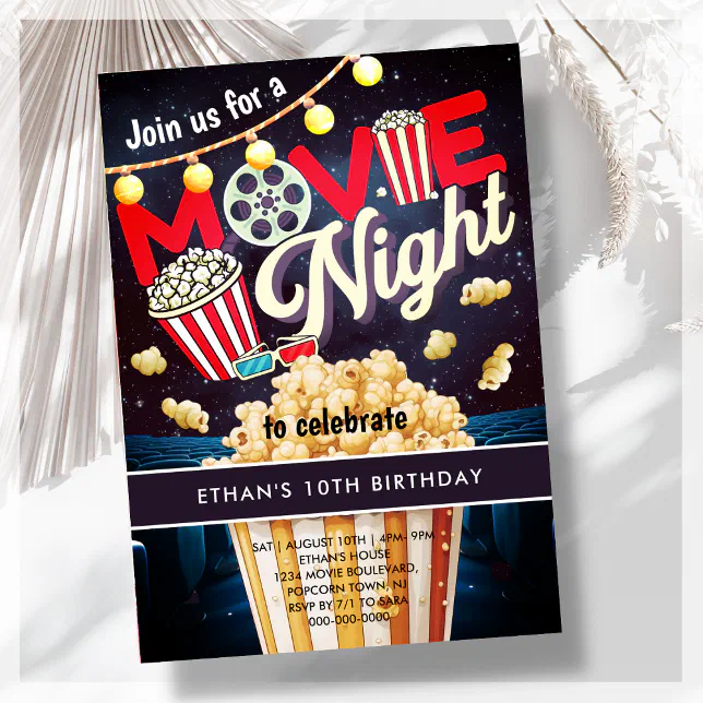 Movie Night Popcorn Kids Birthday Invitation | Zazzle