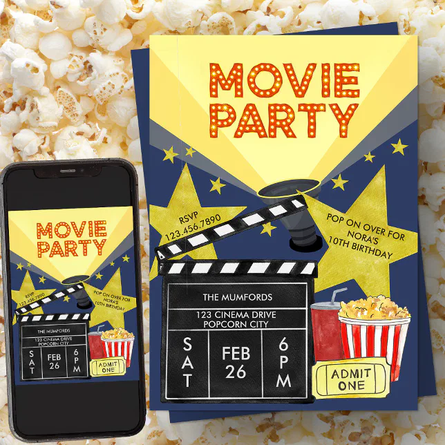 Movie Party Popcorn Clapperboard Cinema Birthday Invitation | Zazzle