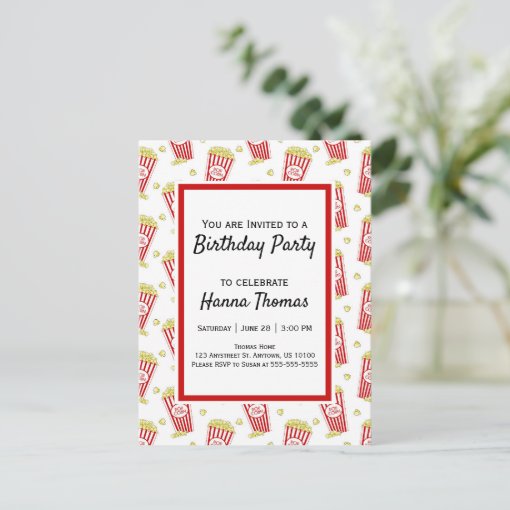 Movie Popcorn Birthday Invitation Postcard | Zazzle