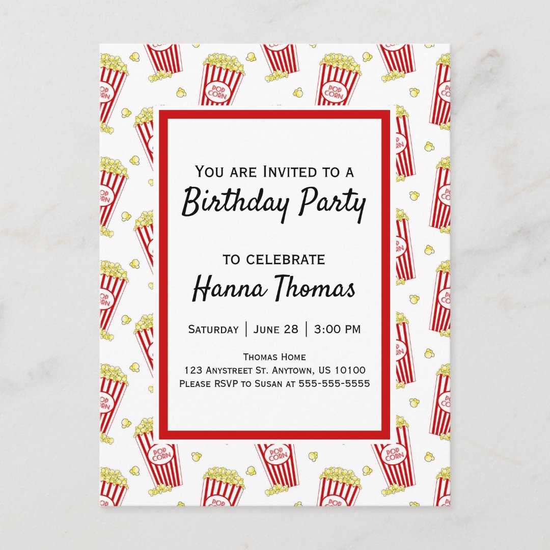 Movie Popcorn Birthday Invitation Postcard | Zazzle