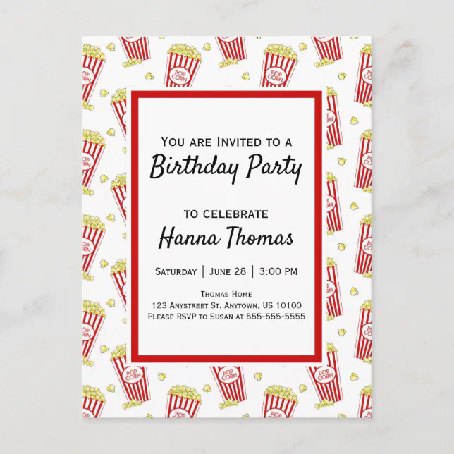 Movie Popcorn Birthday Invitation Postcard | Zazzle