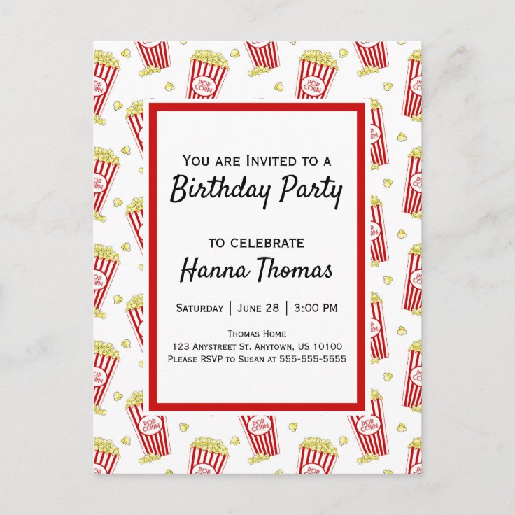 Movie Popcorn Birthday Invitation Postcard | Zazzle