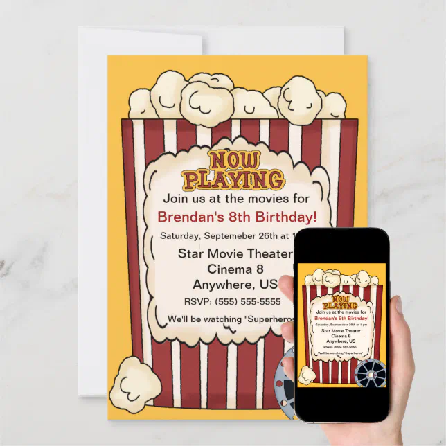 Movie Popcorn Kids Birthday Invitation | Zazzle