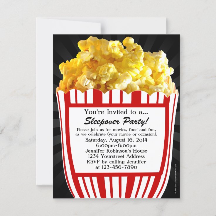 Movie Popcorn Sleepover Custom Party Invitations | Zazzle