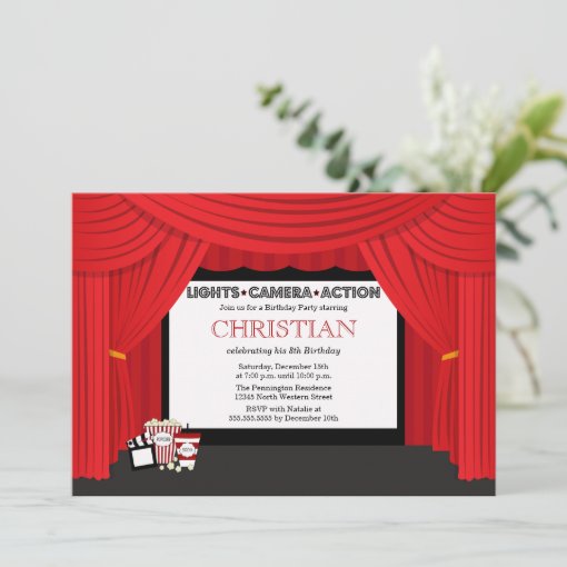 Movie screen and curtain birthday party invitation | Zazzle