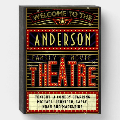 Movie Theatre Marquee Home Cinema | Personalized Wooden Box Sign | Zazzle