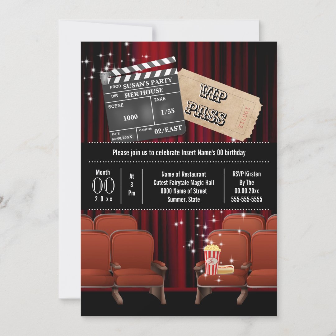 Movie theme inside cinema ticket popcorn party invitation | Zazzle