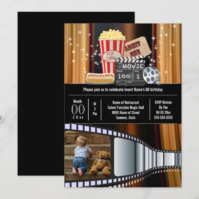Movie theme photo film cinema popcorn party invitation | Zazzle