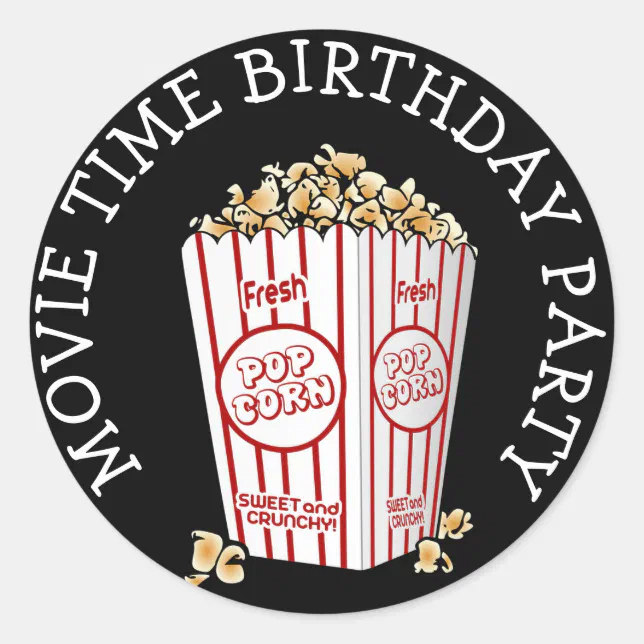 Movie Themed Birthday Party Popcorn Stickers | Zazzle