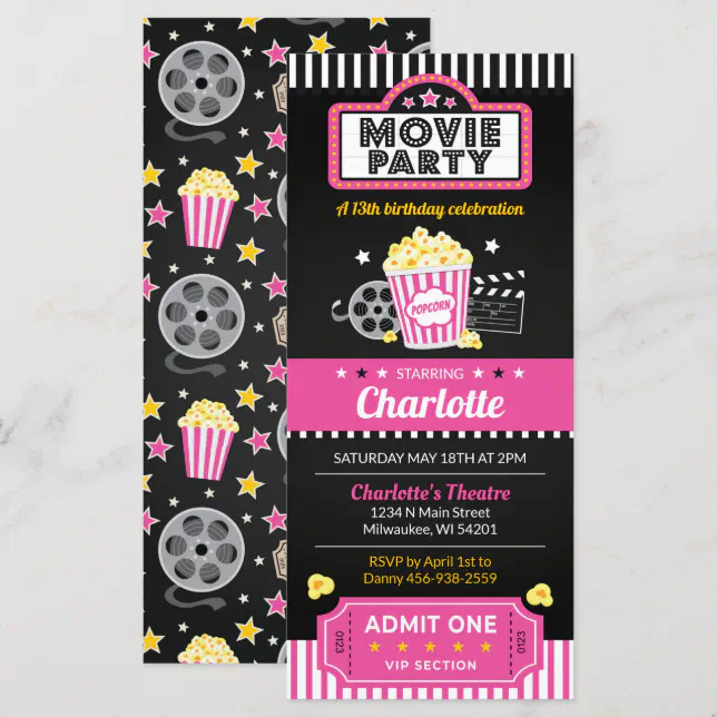 Movie Ticket Invite, Movie Night Invitation Pink | Zazzle