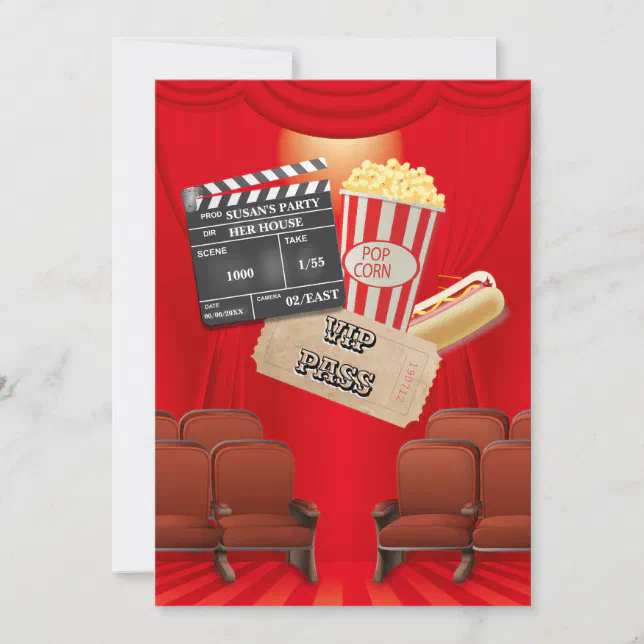 Movie VIP popcorn ticket clapper board party Invitation | Zazzle