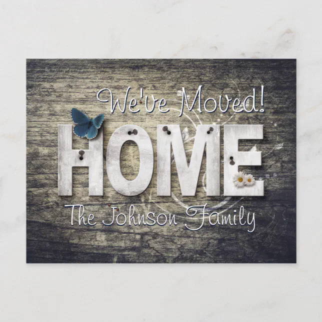 Moving Notification New Address Rustic Wood HOME Postcard | Zazzle