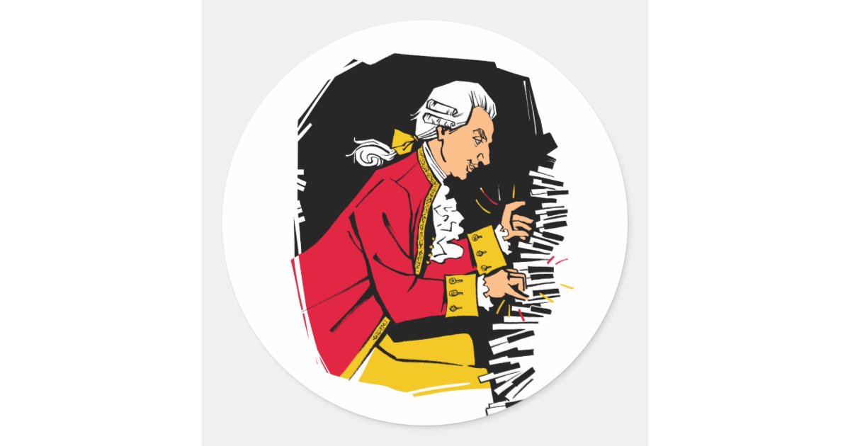 Mozart plays piano classic round sticker | Zazzle