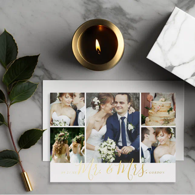 Mr. and Mrs. 5 Photo Wedding Thank You Foil Card | Zazzle