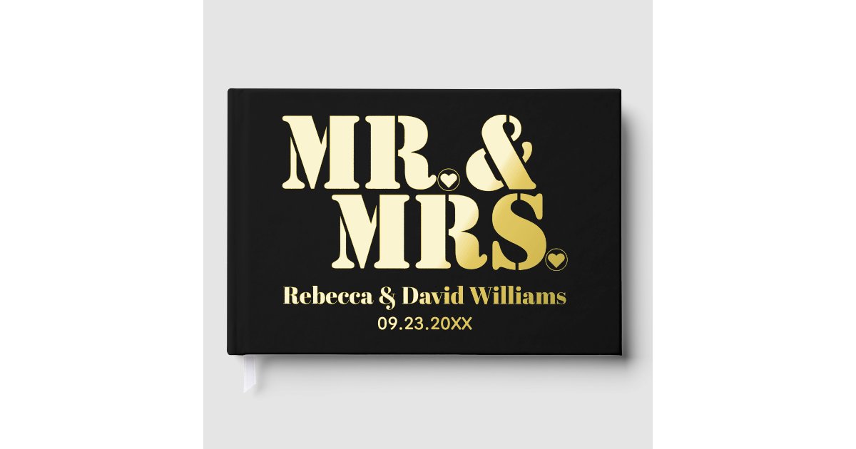 Mr. and Mrs. bold typography black photo wedding Foil Guest Book | Zazzle