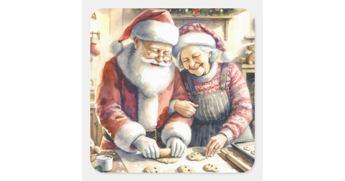 Mr and Mrs Claus Baking Cookies Custom Christmas Square Sticker | Zazzle