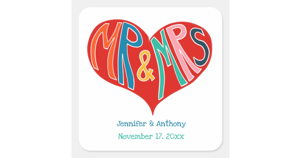 Mr and Mrs Colorful Red Heart Shape Wedding Square Sticker | Zazzle