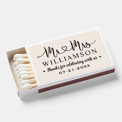 Mr and Mrs Cream Black Personalized Wedding Matchboxes | Zazzle