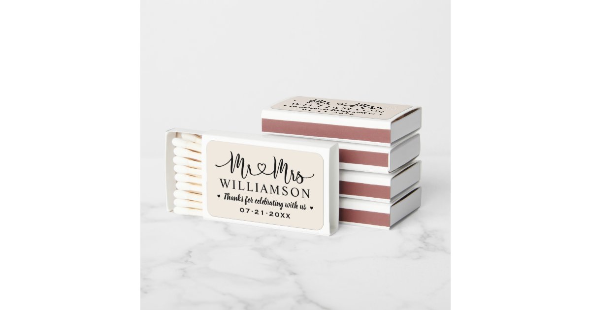 Mr and Mrs Cream Black Personalized Wedding Matchboxes | Zazzle