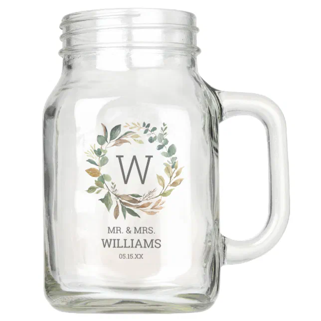 Mr. and Mrs. Eucalyptus Greenery Monogram Wedding Mason Jar | Zazzle