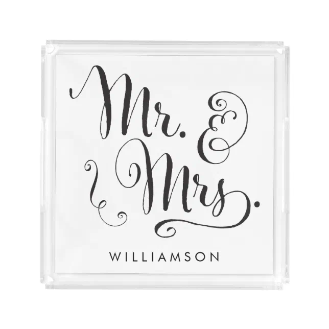Mr and Mrs Fancy Script Acrylic Tray | Zazzle
