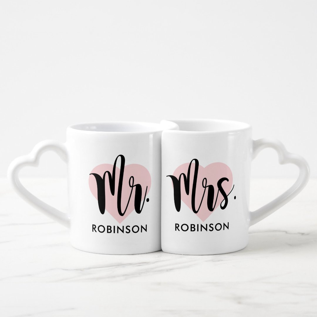 Mr and Mrs Pink Heart Custom Wedding Monogram Coffee Mug Set | Zazzle