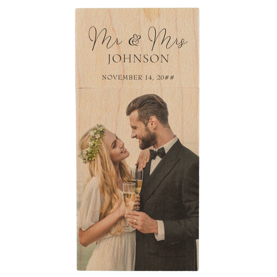 Mr and Mrs Script Calligraphy Wedding Photos Wood Flash Drive | Zazzle