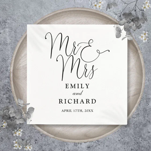 Mr And Mrs Script Elegant Black And White Wedding Napkins | Zazzle