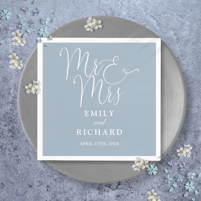 Mr And Mrs Script Elegant Dusty Blue Wedding Napkins | Zazzle