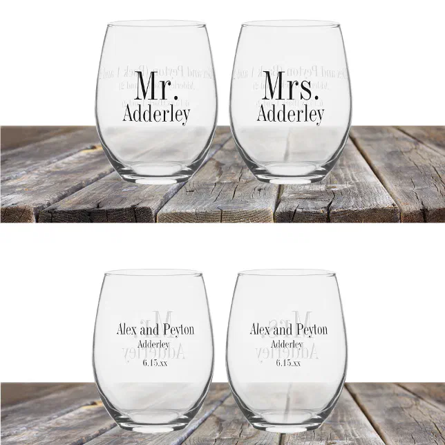 Mr. Mrs. Bride Groom Wedding Customized Stemless Wine Glass | Zazzle