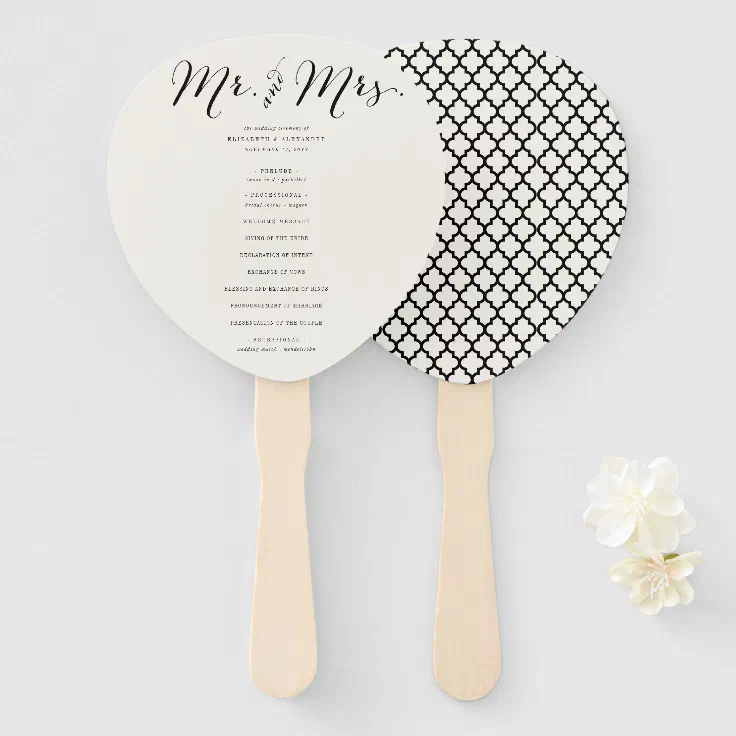 Mr & Mrs Classic Script Geometric Wedding Program Hand Fan | Zazzle