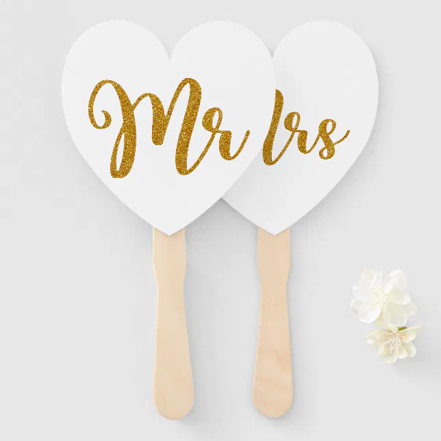 Mr & Mrs Gold Glitter Typography Hand Fan | Zazzle