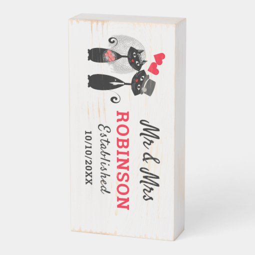 Mr & Mrs Newlyweds Cute Cats Personalized Wooden Box Sign | Zazzle
