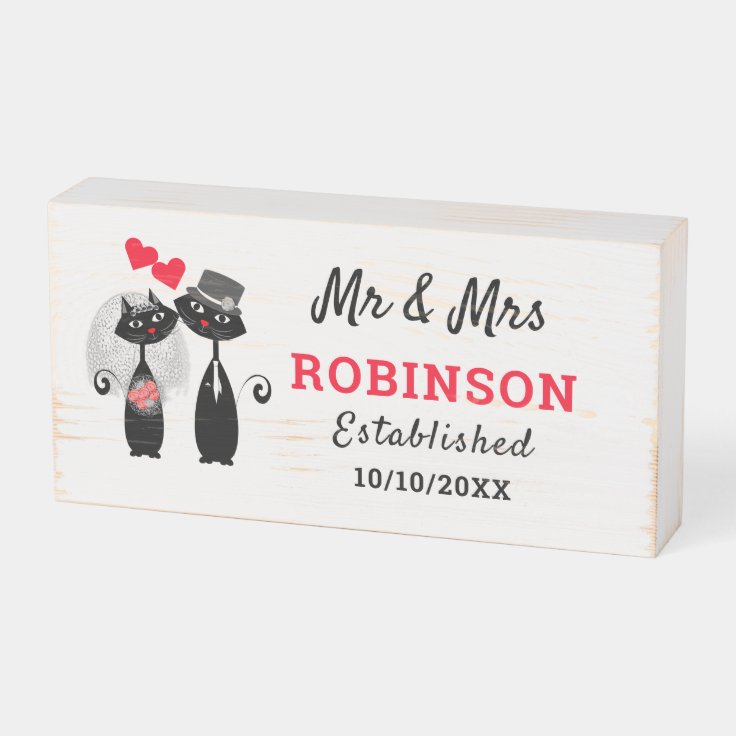 Mr & Mrs Newlyweds Cute Cats Personalized Wooden Box Sign | Zazzle