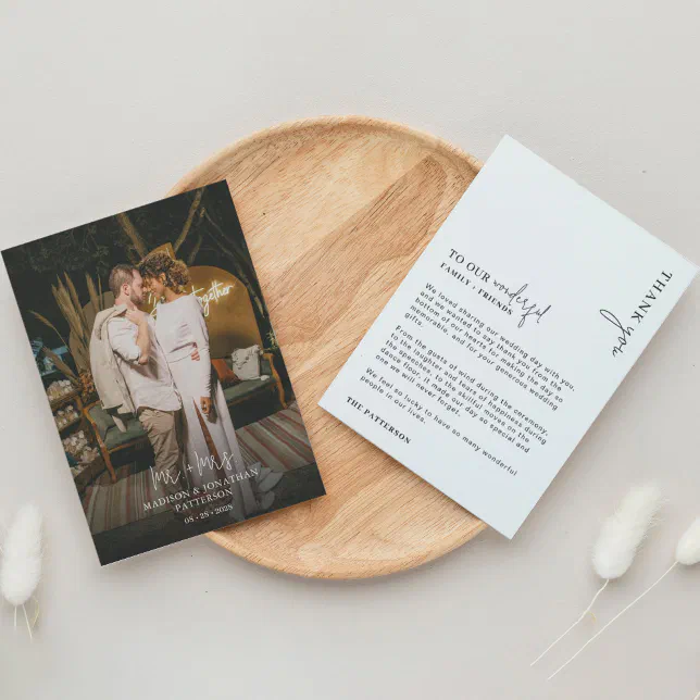Mr. & Mrs. Photo Script Wedding Thank You Card | Zazzle