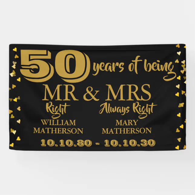 Mr Mrs Right Fun Golden 50th Wedding Anniversary Banner | Zazzle