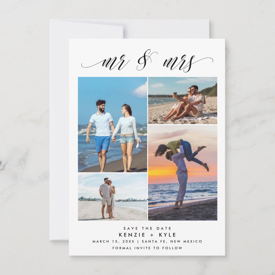 Mr Mrs Script Four Photo Wedding Save the Date | Zazzle