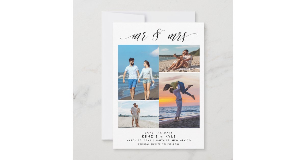 Mr Mrs Script Four Photo Wedding Save the Date | Zazzle