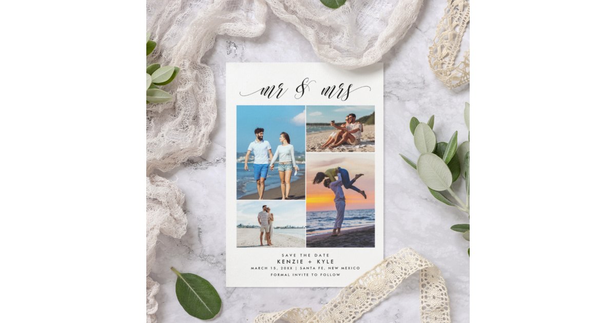 Mr Mrs Script Four Photo Wedding Save the Date | Zazzle