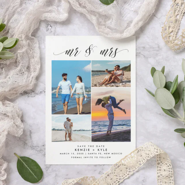 Mr Mrs Script Four Photo Wedding Save the Date | Zazzle