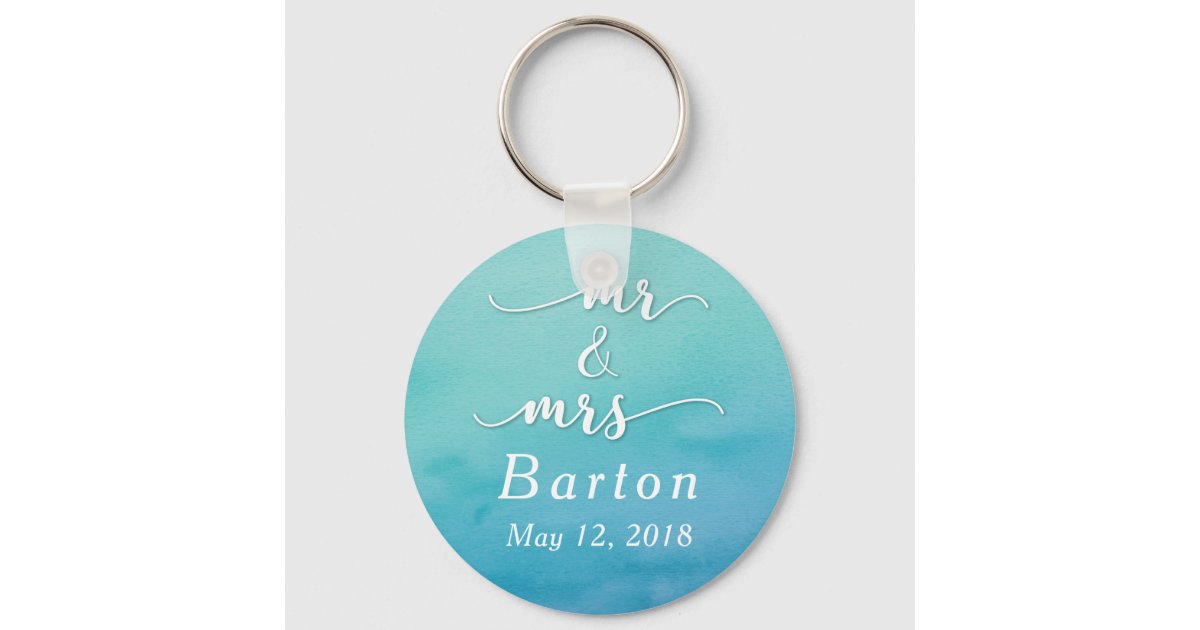"Mr & Mrs" Teal & Blue Wedding with Date Keychain | Zazzle