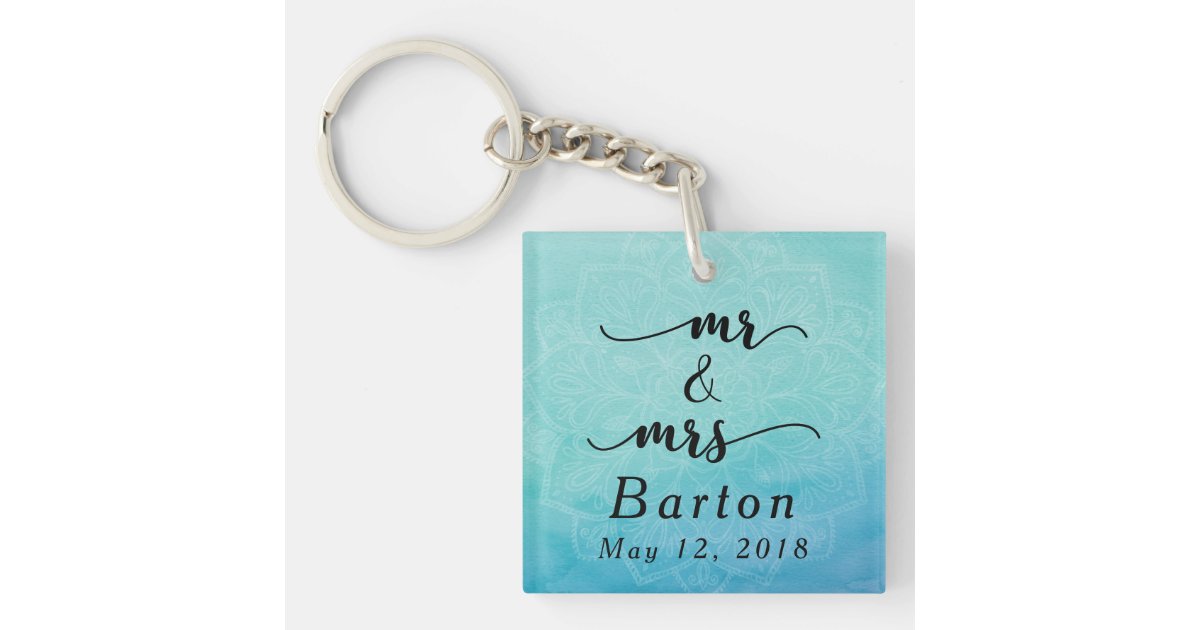 Mr & Mrs Typography Teal & Blue Mandala Wedding Keychain | Zazzle