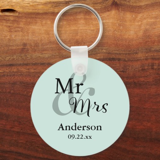 Mr & Mrs Wedding Favor Keyring Name/Date (mint) | Zazzle