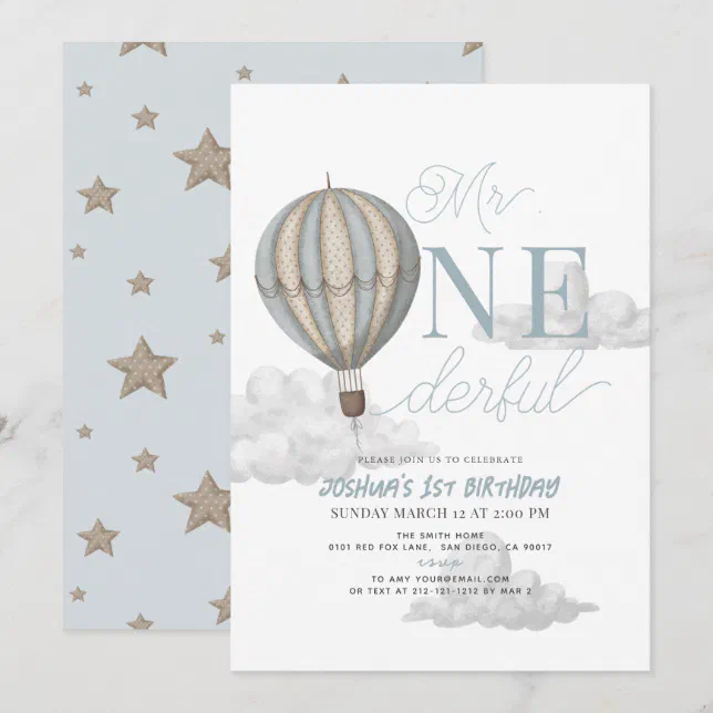 Mr. Onederful Blue Hot Air Balloon 1st Birthday Invitation | Zazzle