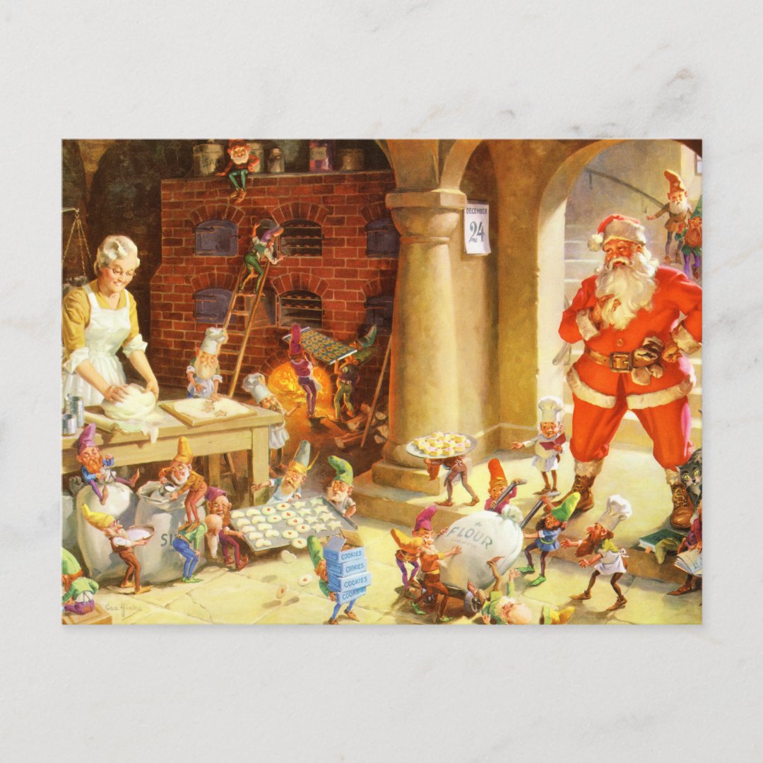 Mrs. Claus and The Elves Bake Christmas Cookies Holiday Postcard | Zazzle